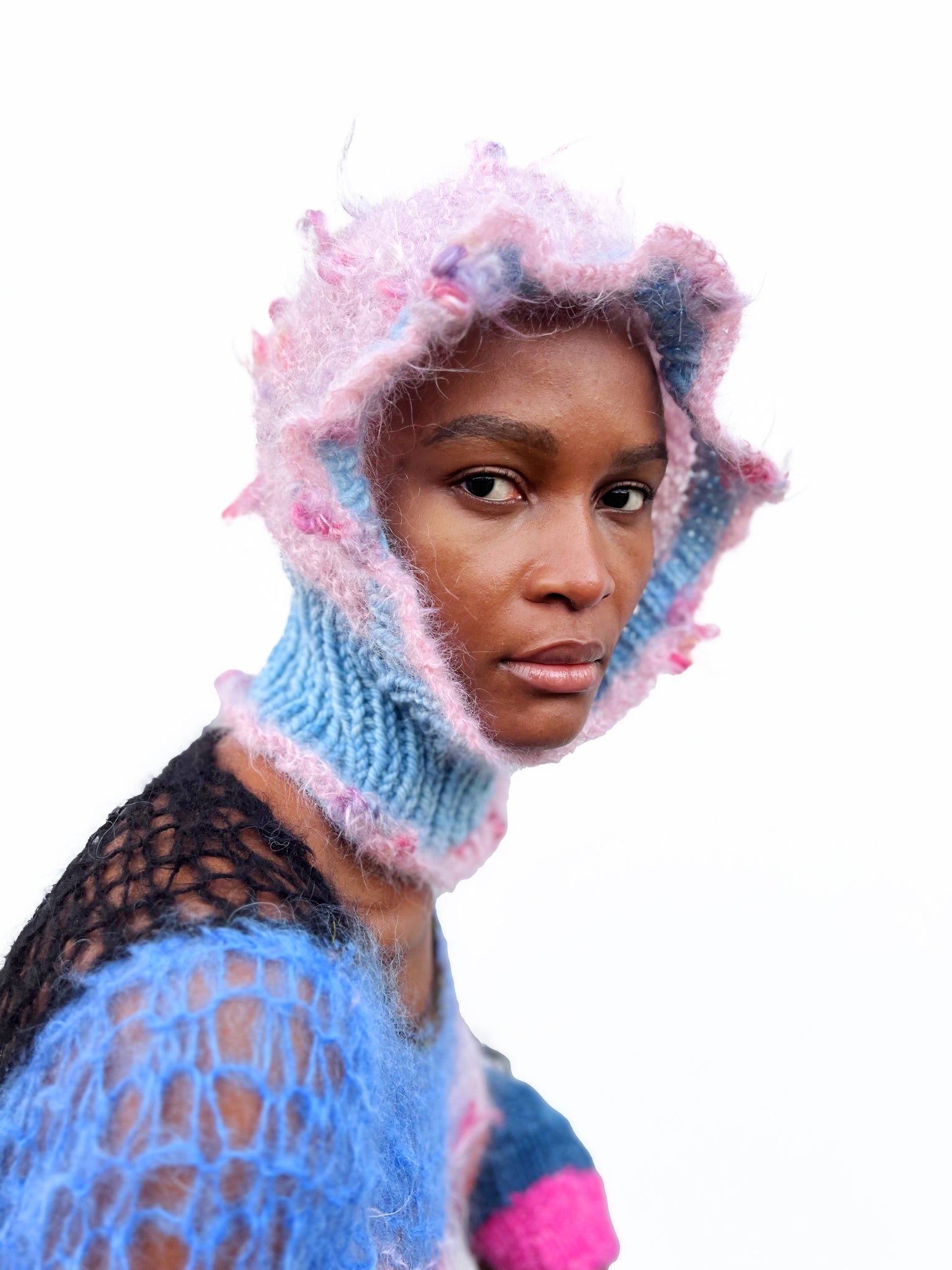 BOBBLY BABY PINK AND SKY BLUE HEAVYWEIGHT FRILL BALACLAVA – SULK Knitwear